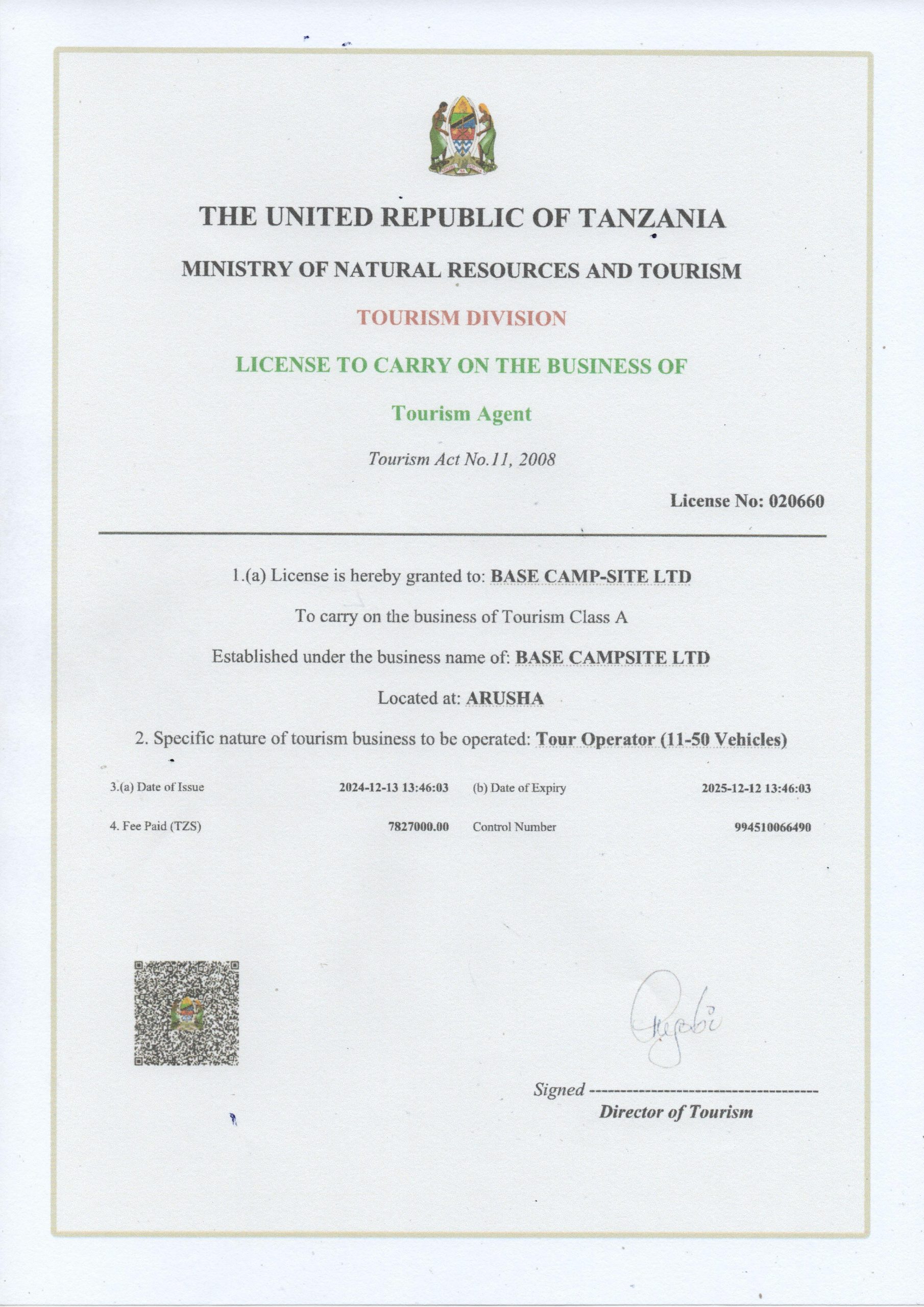Tala License | Base Camp Tanzania